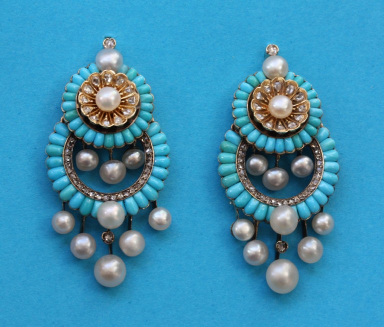 turquoise, pearl and diamond earrings - Inez Stodel