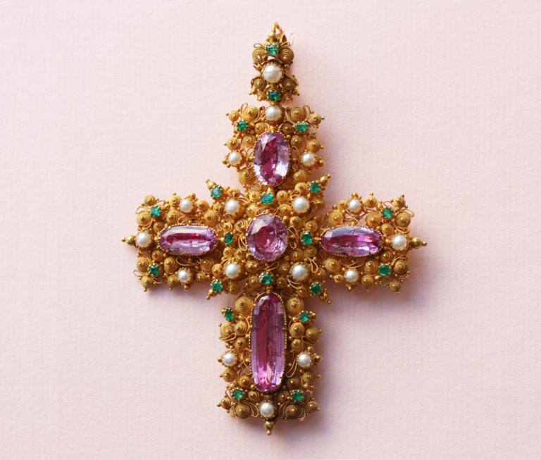 gold Georgian cross set with topaz, emerald and pearl - Inez Stodel